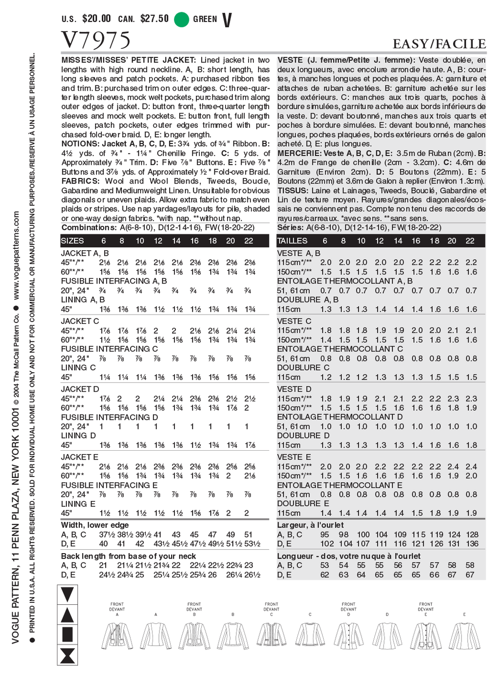 Vogue 7975 - Jakker. - Sømsenteret AS