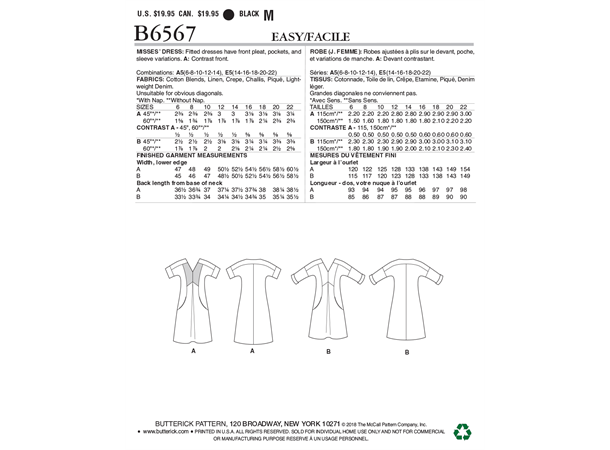 Butterick 6567 - Kjole A5 (6-8-10-12-14) - Sømsenteret AS