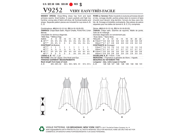 Vogue 9252 - Kjole A5 (6-8-10-12-14) - Sømsenteret AS